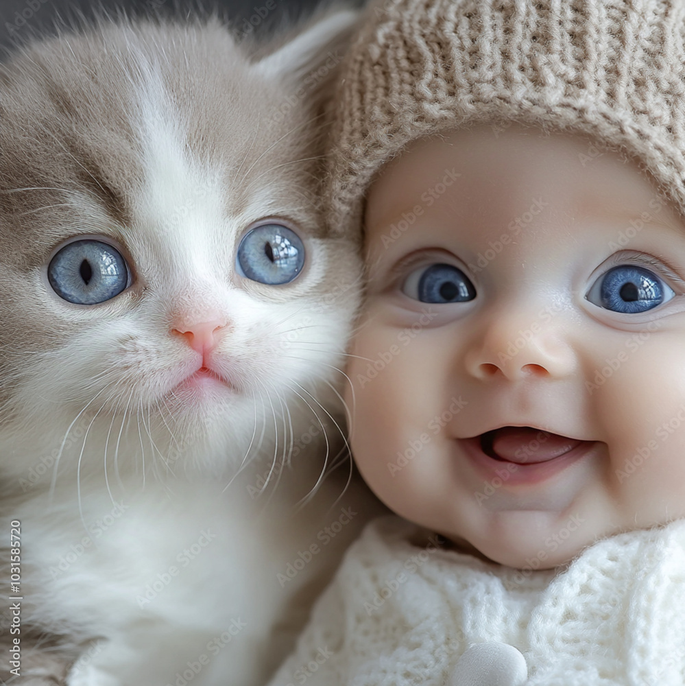 close-up of a 20-day-old Scottish Fold kitten and a 30-day-old Russian ...