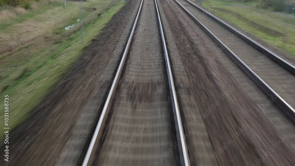 A close-up of the tracks captured while the train is in motion creates ...