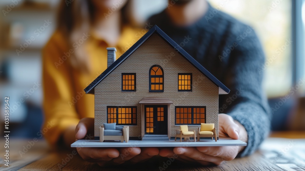 Hand Holding Model House for Real Estate Concept. Couple showcases a ...