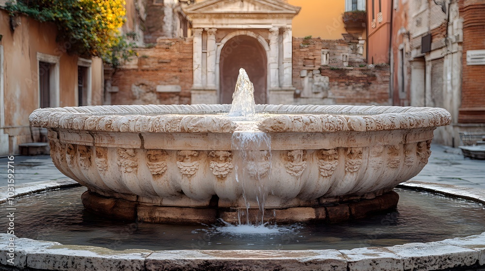 Marble fountain in a circular design, dedicated to water nymphs of ...