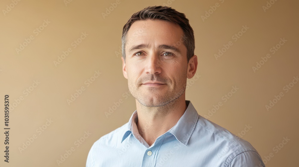 Confident middle-aged man with short brown hair wearing a light blue ...