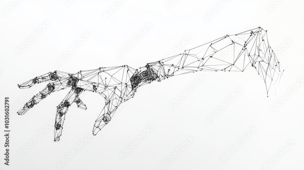 This is a simple drawing of a robot arm, made with triangles.It shows ...