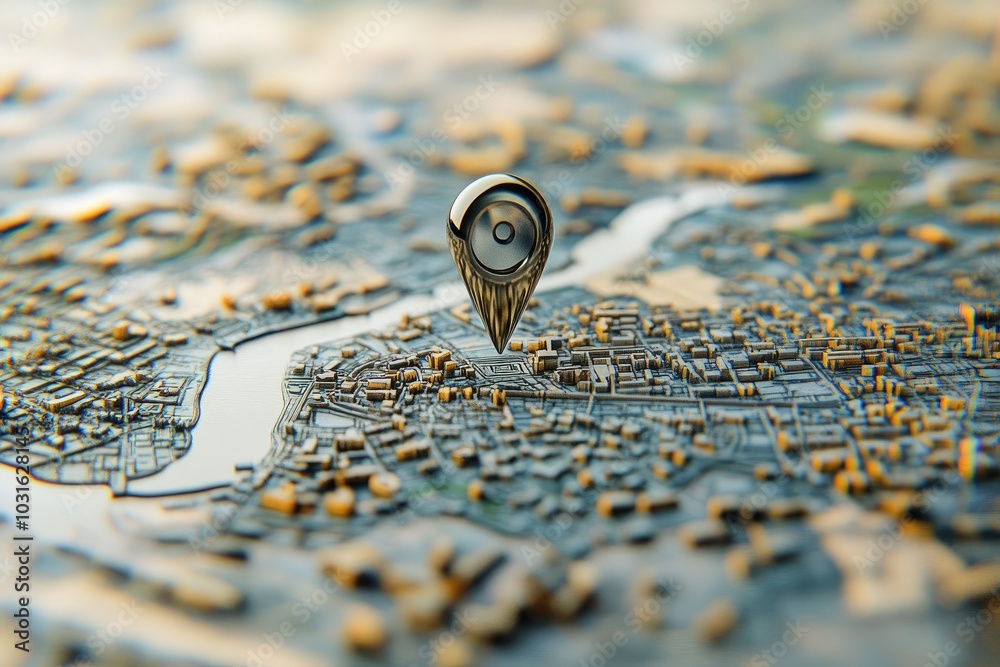 Map with vintage pin location on a detailed city layout. Stock ...