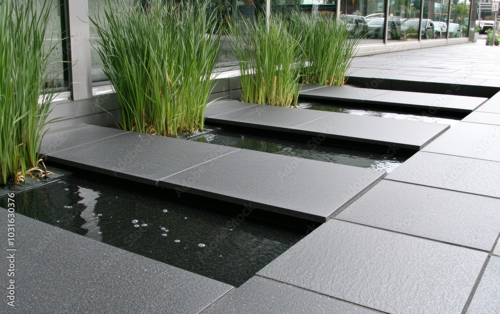 A minimalist courtyard with smooth concrete pavers, a water feature ...