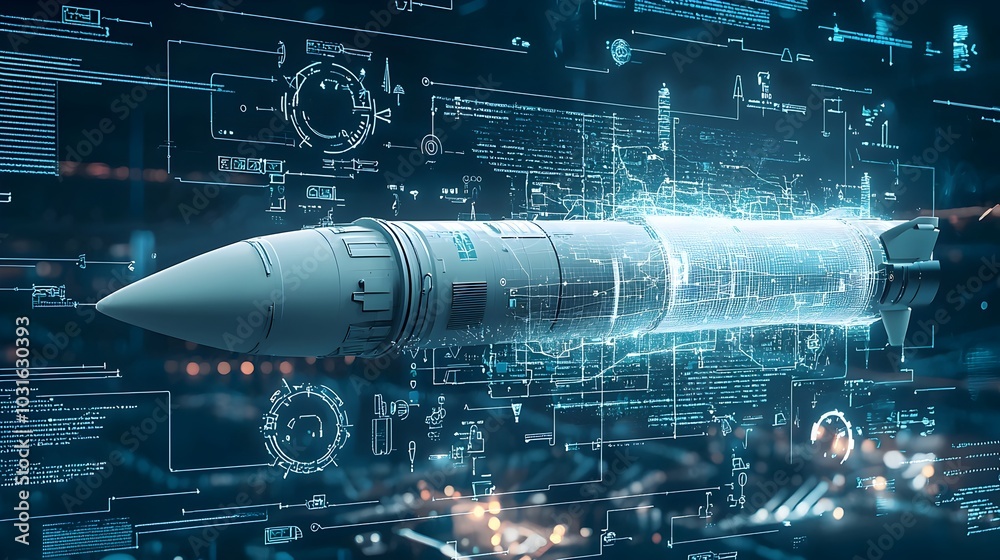 Futuristic missile system with advanced holographic interface projected ...