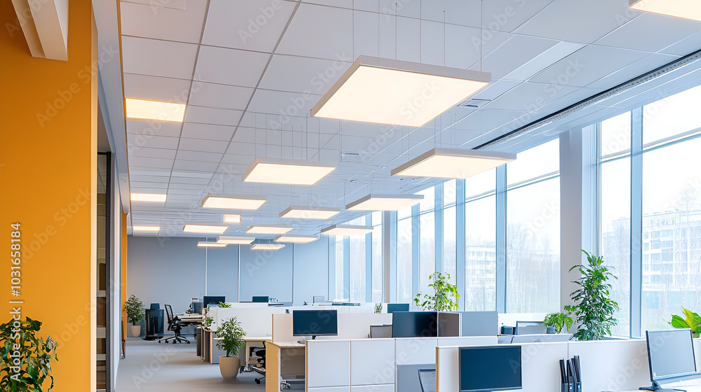 White square LED down lights are installed in an office interior ...