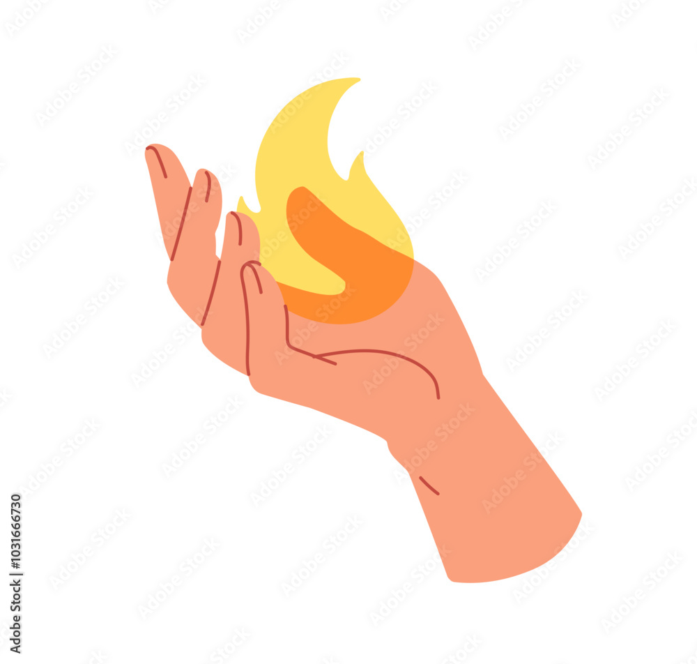Hand holding fire flame, energy symbol. Heat, warmth, power. Magic ...