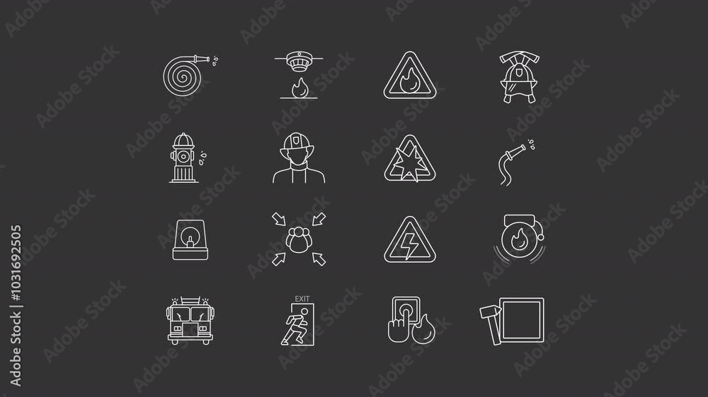 Fire safety animation library. Emergency response animated white line ...