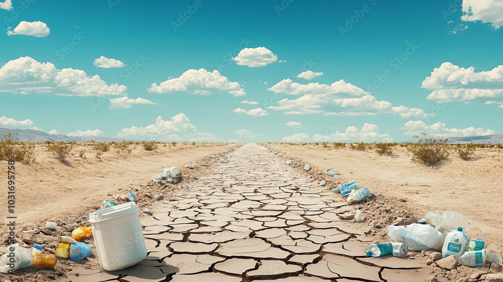 image depicts desolate landscape with cracked earth and scattered ...