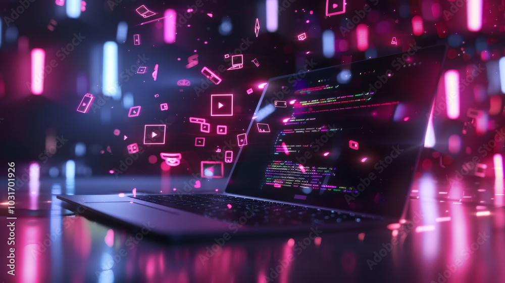 Coding symbols and digital icons float around open laptop, creating ...