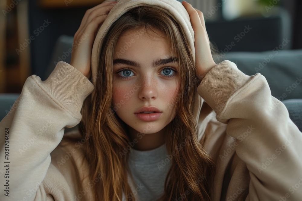 Stubborn upset teenage girl putting hood on head and avoiding her mom ...