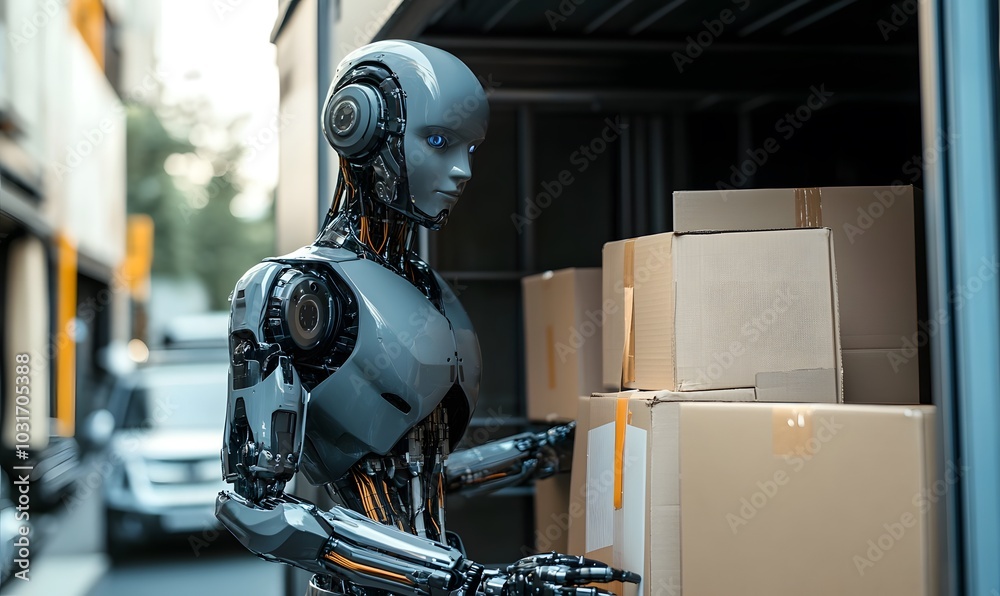 A futuristic humanoid robot efficiently carrying a box to a truck. The ...