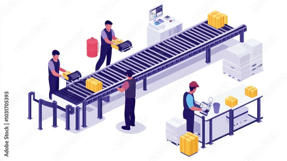 Workers inspecting a smart conveyor belt system with automatic stock ...