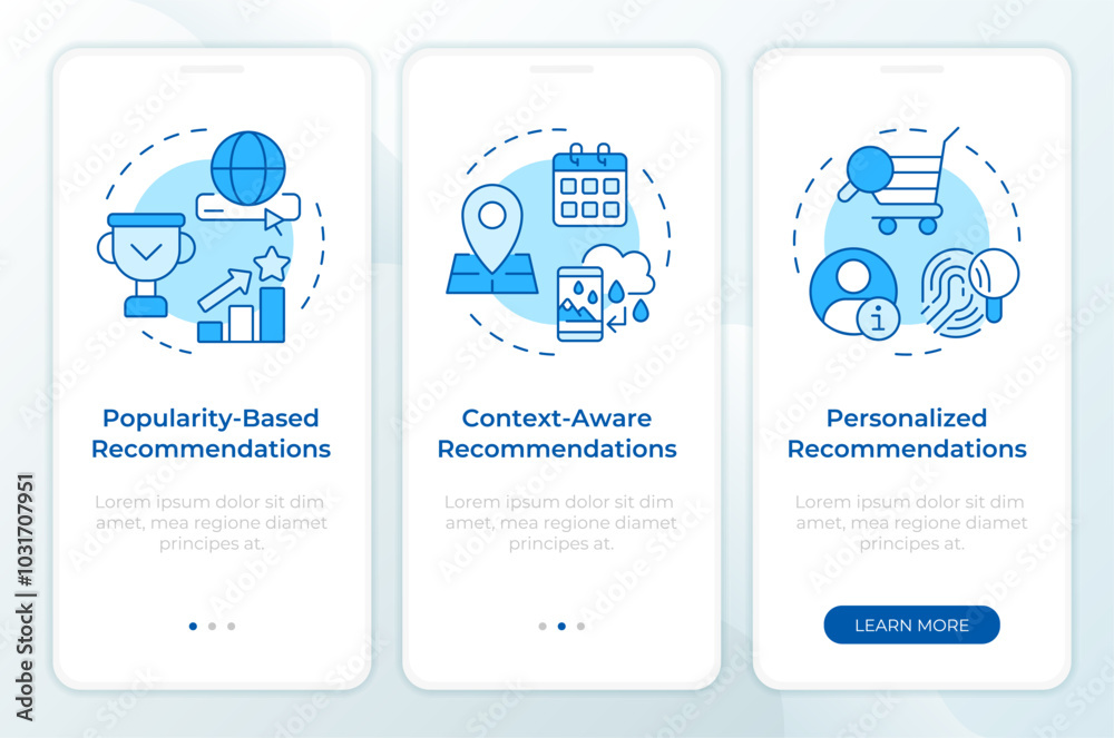 Recommendation Methodologies Blue Onboarding Mobile App Screen Walkthrough 3 Steps Editable