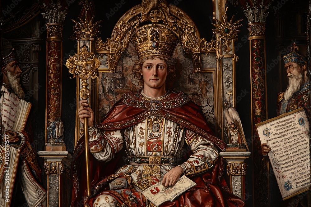 Saint Louis IX is portrayed in majestic robes on a lavish throne ...