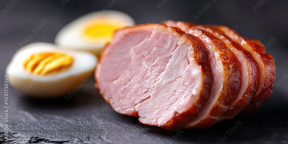 Closeup of Sliced Smoked Ham with Boiled Eggs Breakfast Food Meat ...