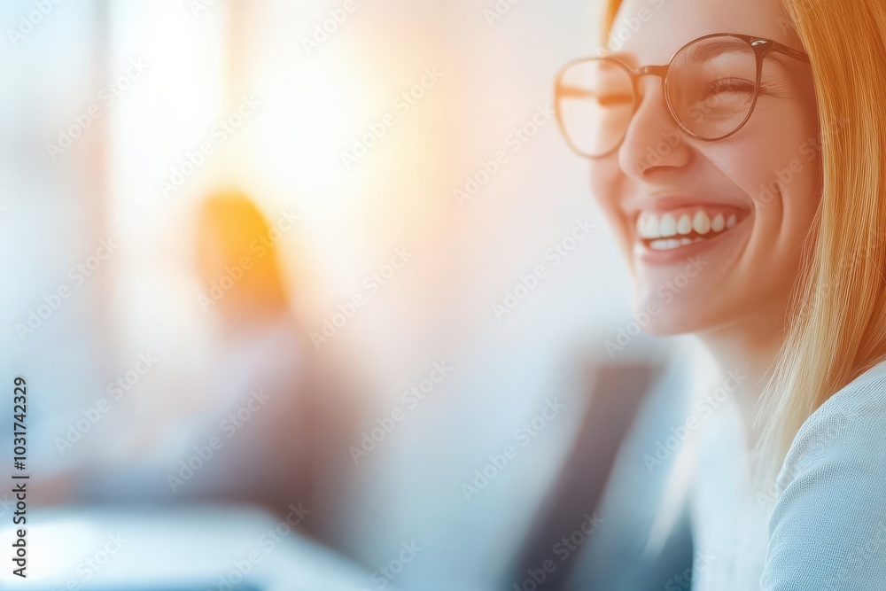 Joyful business team collaborating and sharing laughter in a vibrant ...