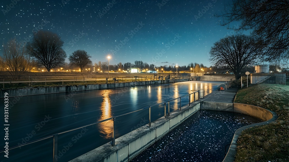 Illuminated Wastewater Treatment Plant Under the Starry Night Sky Stock ...