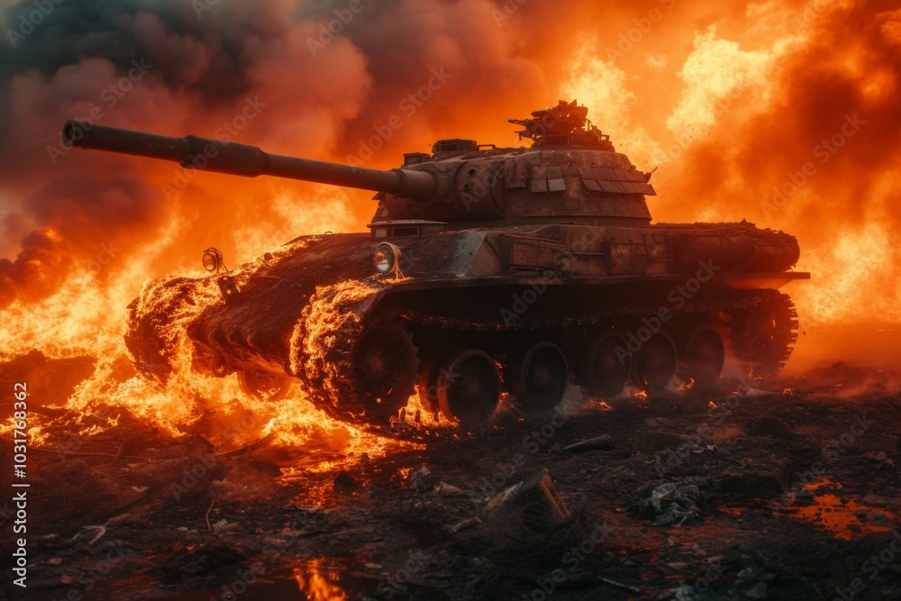 Tank on fire moves through blazing battlefield surrounded by flames and ...