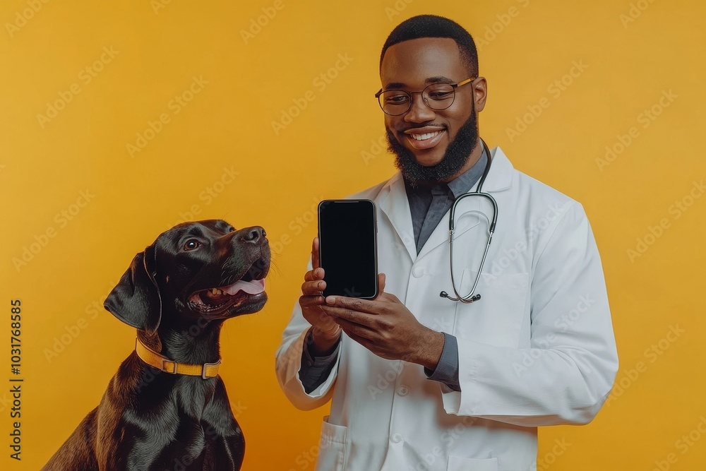 Veterinary services advertisement. Male animal clinic doctor showing ...