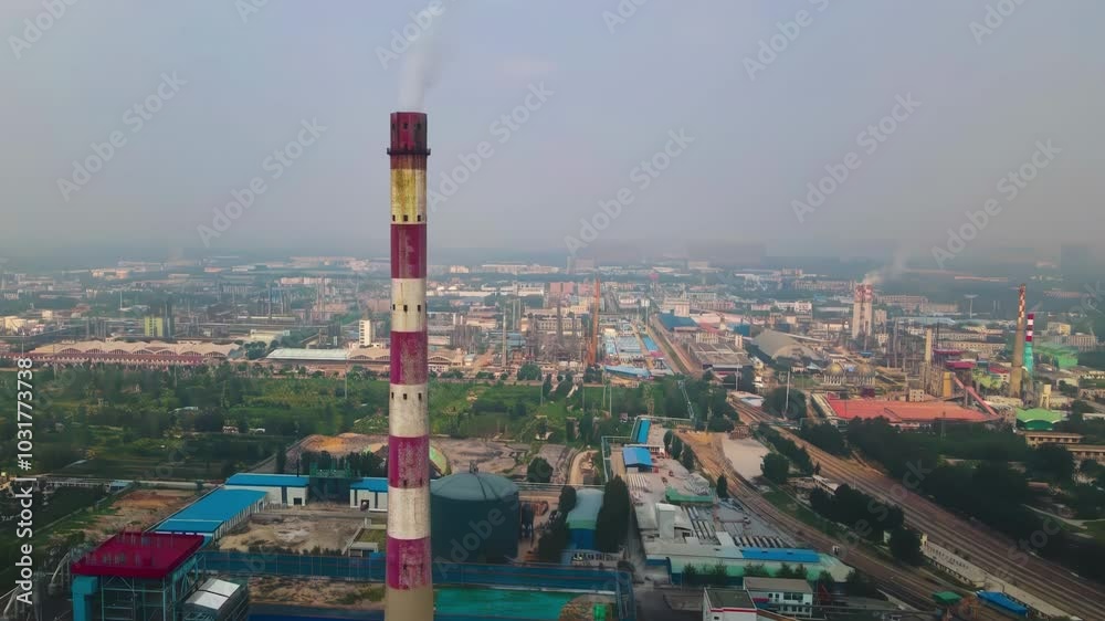 Factory tall chimney releasing thick plumes of smoke into the air ...