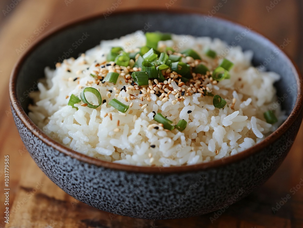 Steamed rice topped with sesame seeds and scallions Ready to serve in a ...