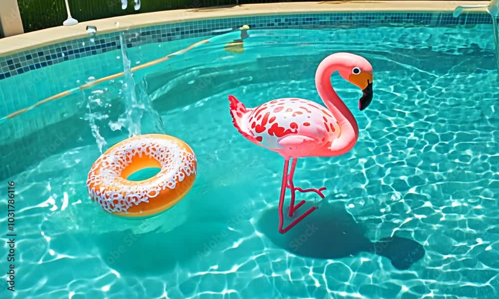 A pink flamingo pool float in a clear blue swimming pool with a ring ...