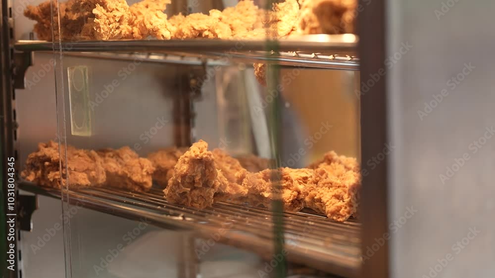 restocking in the food display case. restocking of fried chicken in the ...