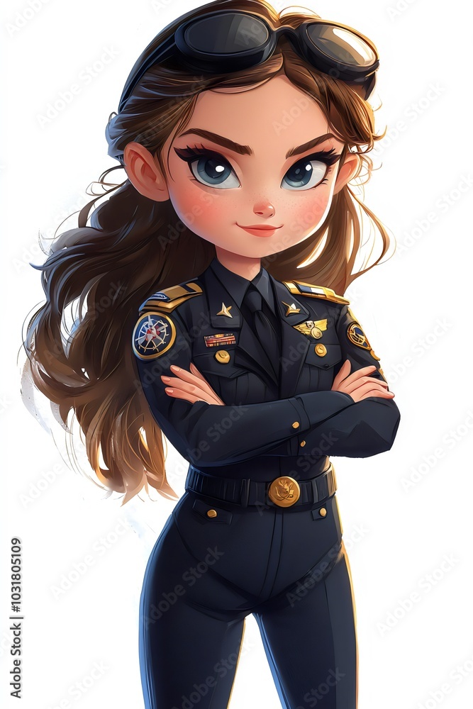 Cartoon illustration of a confident female pilot wearing a uniform and ...