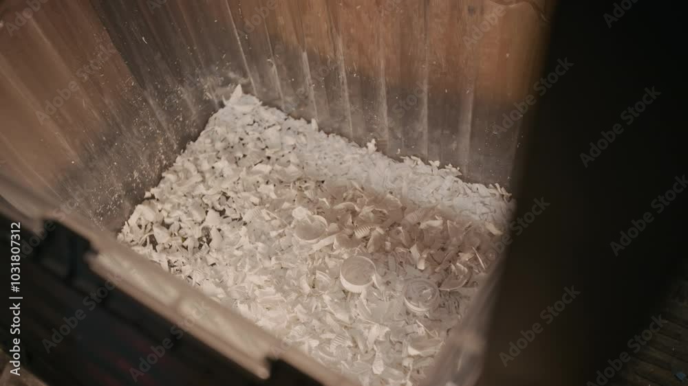 No people top shot of shredded white plastic polyethylene particles ...