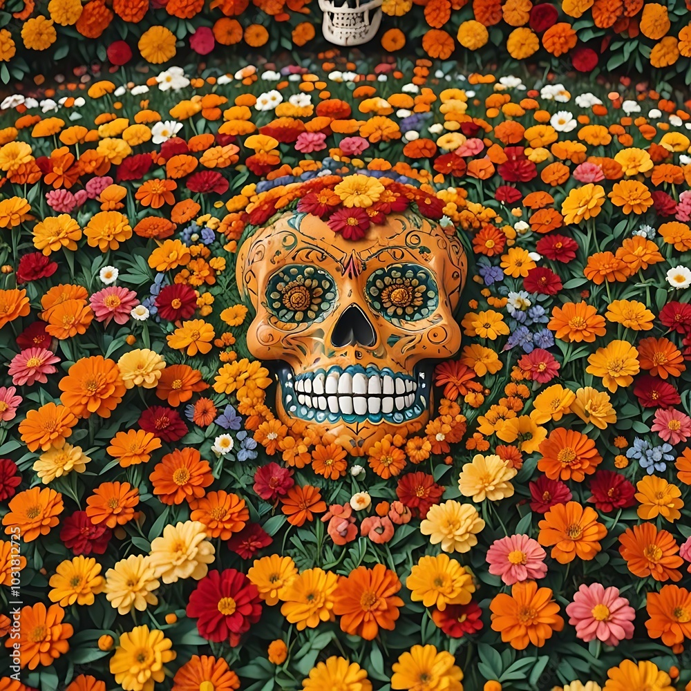 A vibrant background of cempasuchil marigolds forms a colorful floral ...