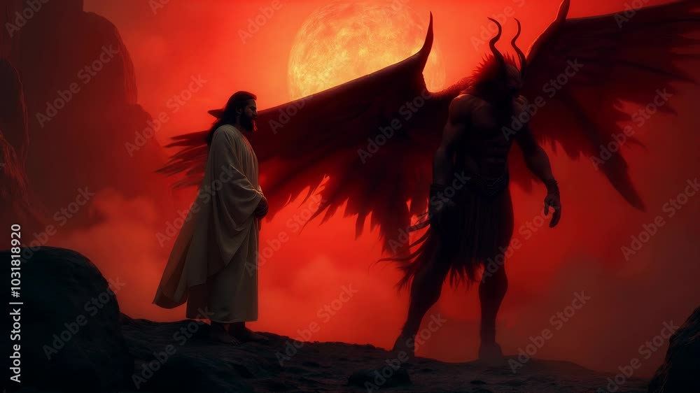 A powerful visual of good versus evil. Jesus in white robes faces a ...