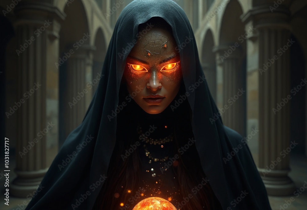 Mysterious, faceless female figure cloaked in a flowing, inky black ...