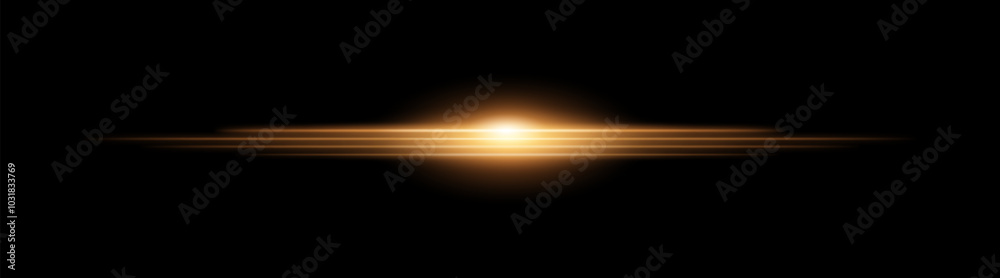 Moving fast Horizontal glowing golden light beam on a black background ...