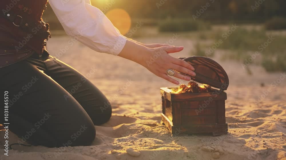 person body part close-up hands open treasure chest gold coins glowing ...