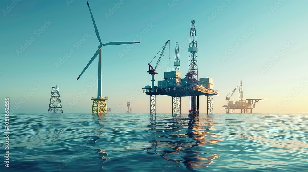 An offshore oil rig and a wind turbine stand side-by-side in calm ...