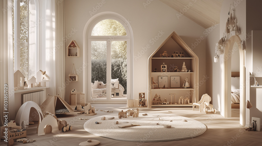 Neutral-toned minimalist children's playroom with a single open shelf ...