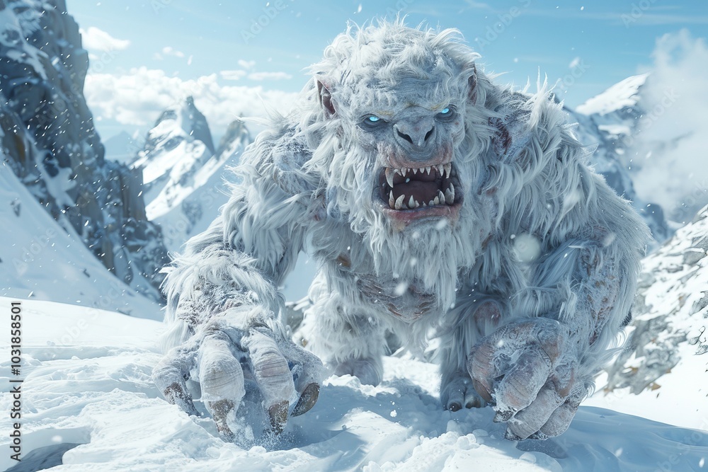 A formidable yeti prowls through a snowy mountain landscape under a ...