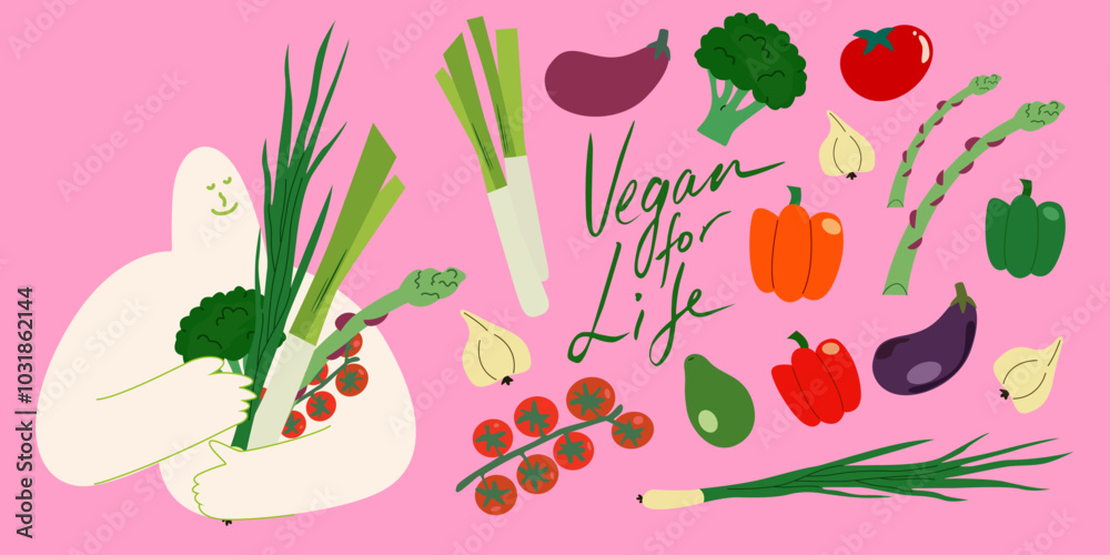 Vegan for Life Illustration to Protect the Earth. Doodle silhouette of ...