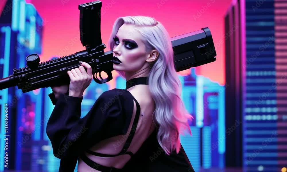A bold fashion shoot featuring a model posing with an assault rifle in ...