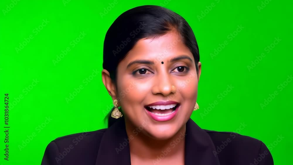 Indian woman in elegant suit having an interview on green screen ...