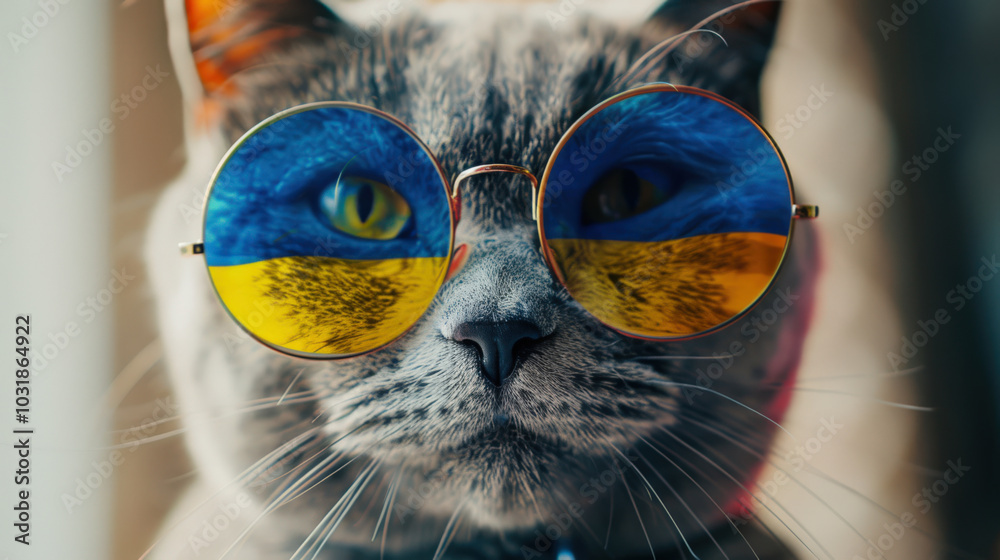 A Ukrainian cat. Cute big cat wearing glasses with lenses in the colors ...
