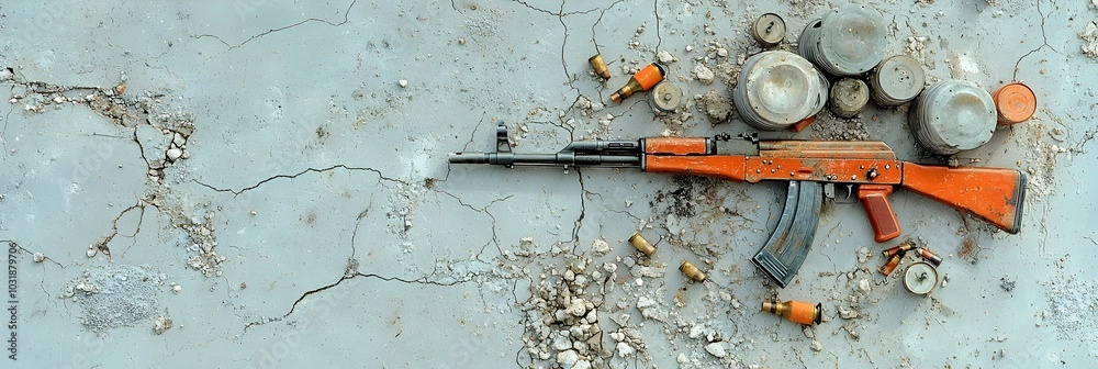 Abandoned AK 47 assault rifles lying on cracked and dilapidated ...