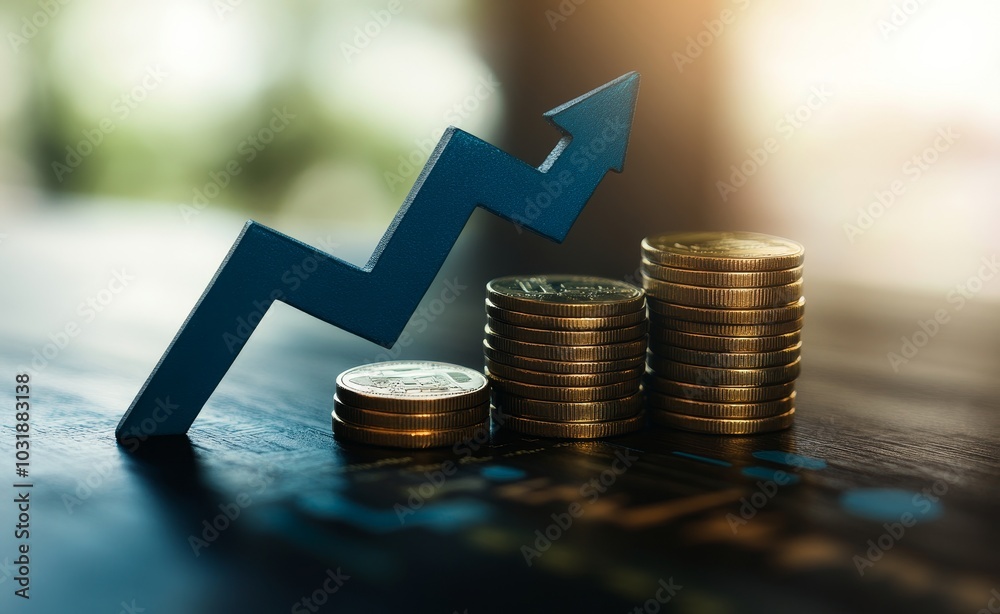 It shows a blue money chart on an economy 3D coin background with a ...