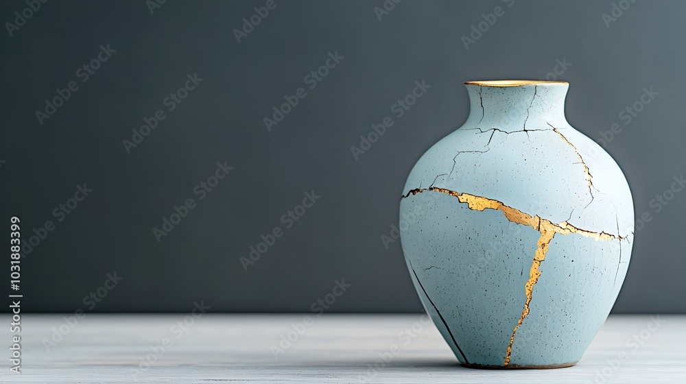 Broken ceramic vase artfully mended with golden seams showcasing the ...