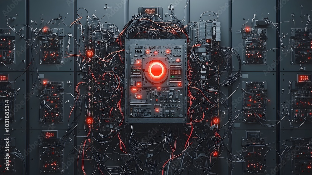 Chaotic scene in a server room with unplugged cables and flashing red warning lights indicating ...