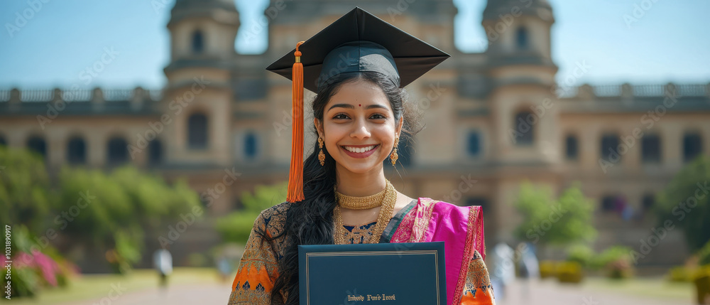 joyful Indian female graduate in traditional sari, wearing graduation ...