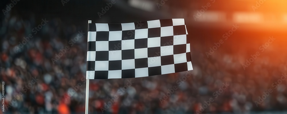 Checkered flag waving amidst a roaring crowd in a stadium racing, crowd ...