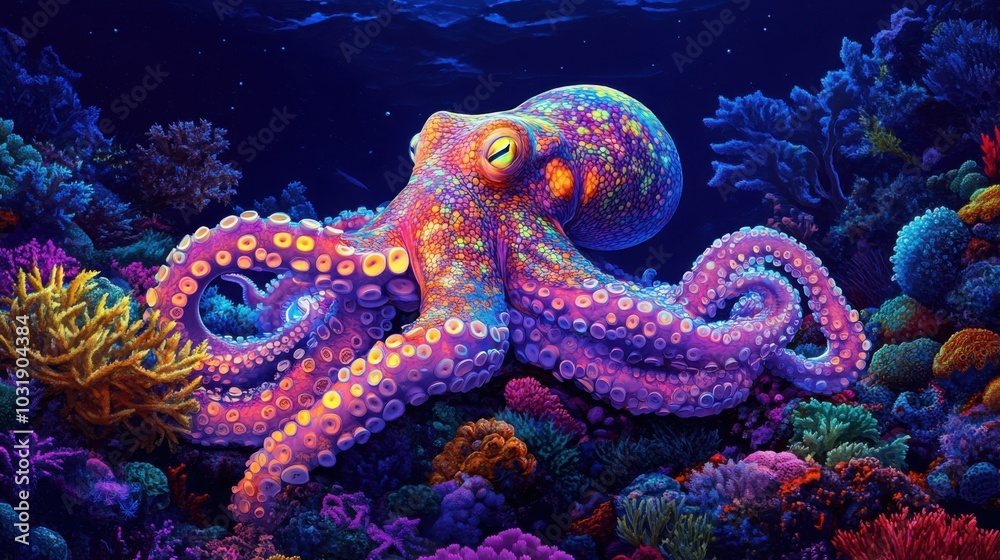 A vibrant, realistic digital illustration of an octopus resting on a ...