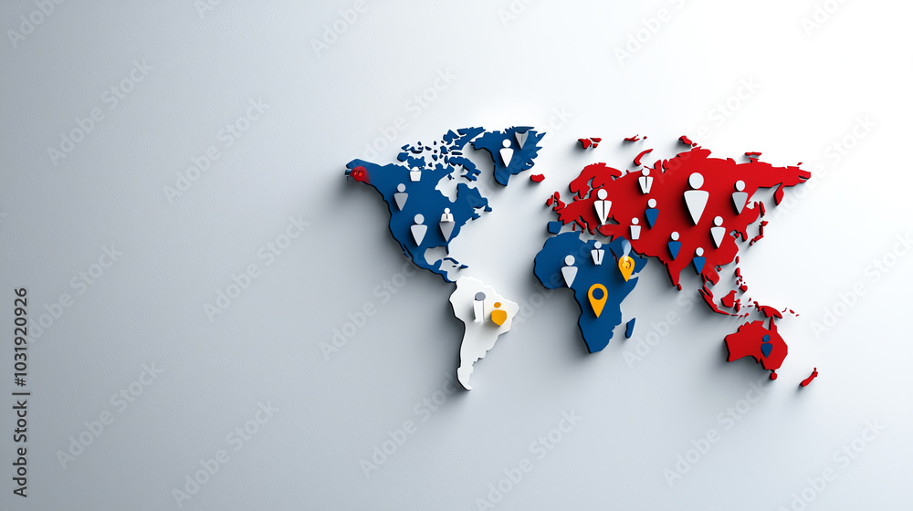 Colorful world map highlighting people icons in red and blue ...